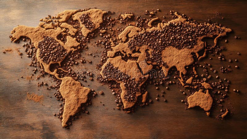 Coffee World Map Crafted from Coffee Beans and Ground Coffee Showcasing ...
