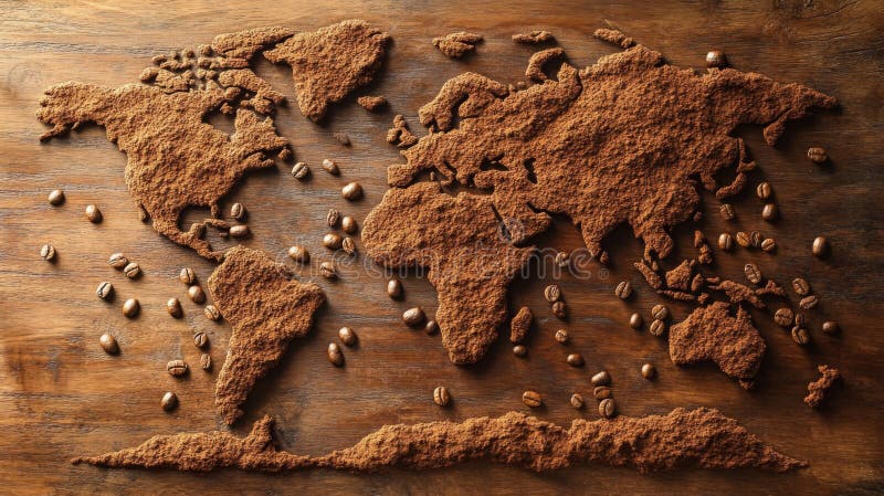 Coffee World Map Crafted from Coffee Grounds with Scattered Beans ...
