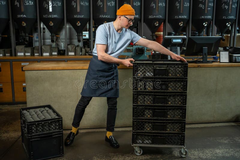 Coffeemaker with Coffee Packages in Cafe, Process Making and Production ...