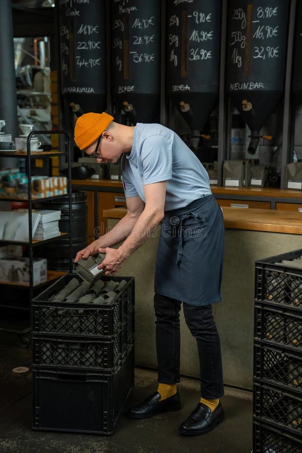 Coffeemaker with Coffee Packages in Cafe, Process Making and Production ...