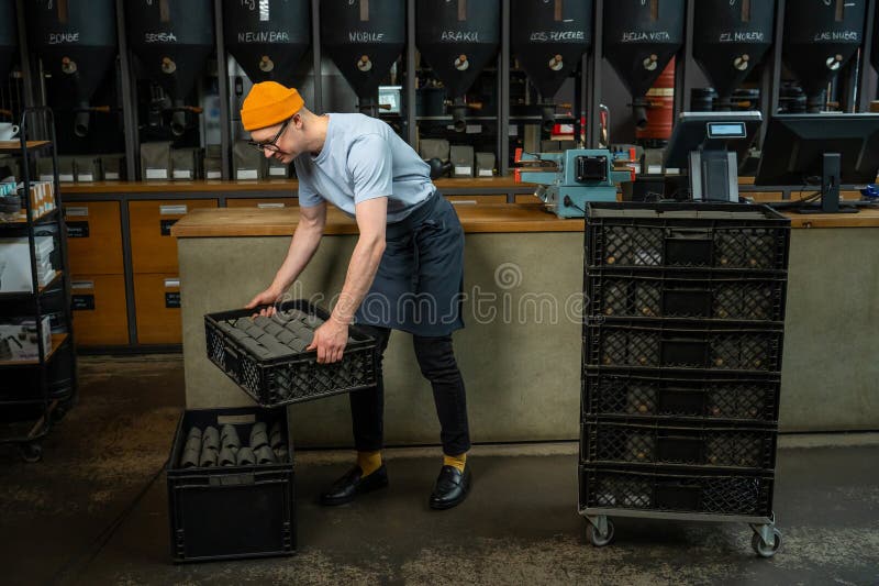 Coffeemaker with Coffee Packages in Cafe, Process Making and Production ...