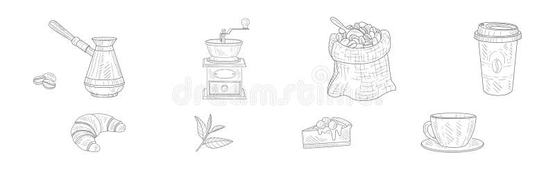 Coffeeshop Linear Object and Item Drawing Vector Set Stock Vector ...