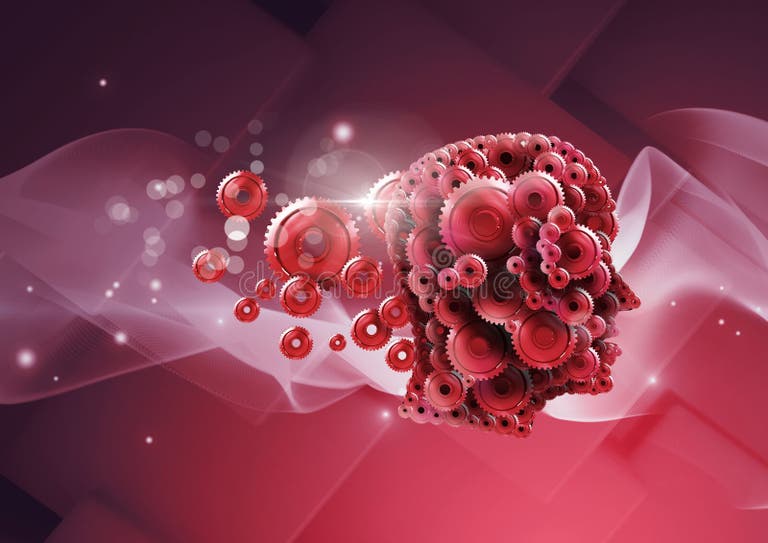 Cog Head Floating through Red Abstract Background Stock Illustration ...