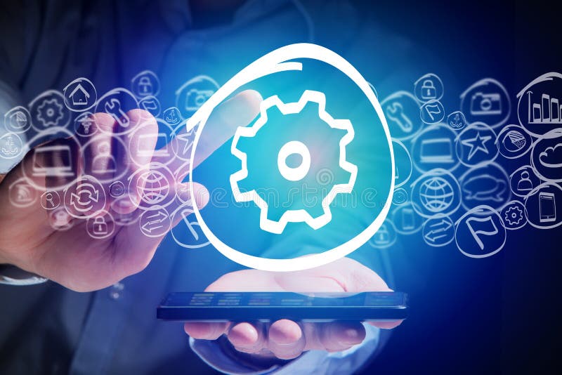 Cog Wheel Icon Going Out a Smartphone Interface - Technology Con Stock ...