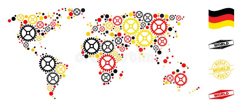 Gear Collage World Map in German Flag Colors and Grunge Stamps Stock ...