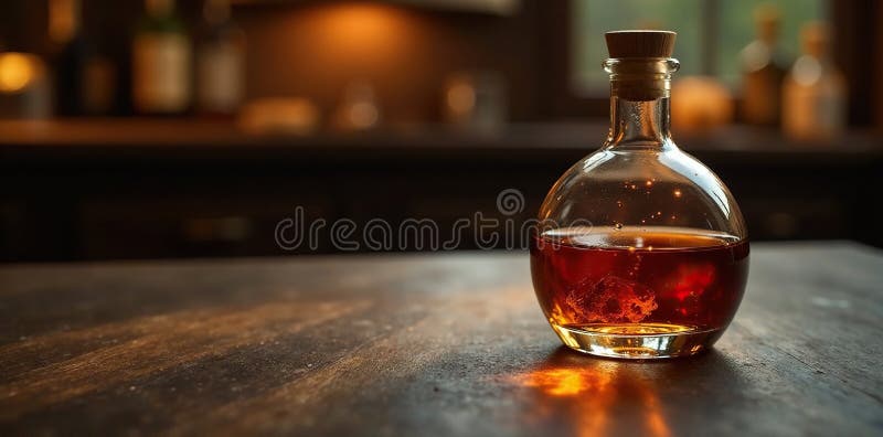 Cognac Bottle and Glass on a Wooden Table with Brandy Inside, Warm ...