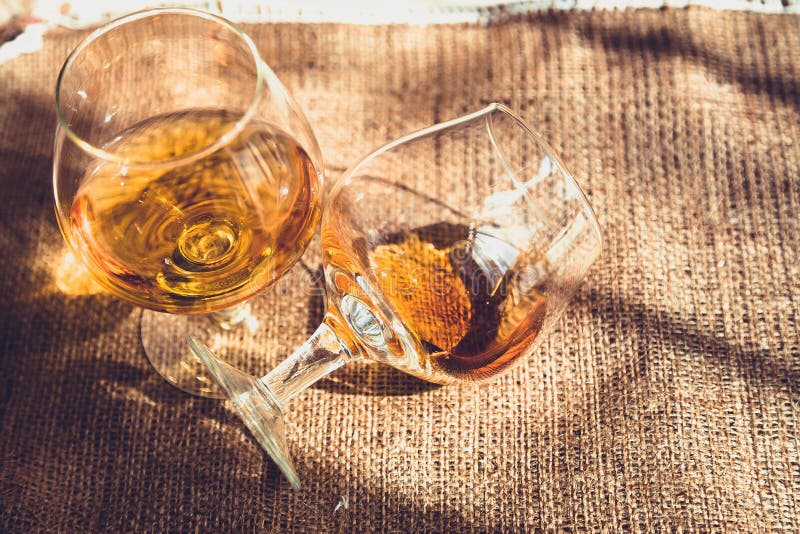 Cognac, Brandy Whiskey Bourbock in Glasses Stock Photo - Image of wood ...