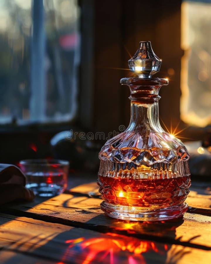 Cognac in a Crystal Decanter in Backlight. the Rays of the Sun are ...