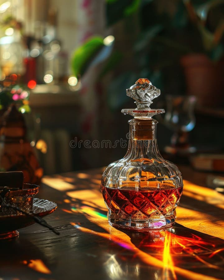 Cognac in a Crystal Decanter in Backlight. the Rays of the Sun are ...