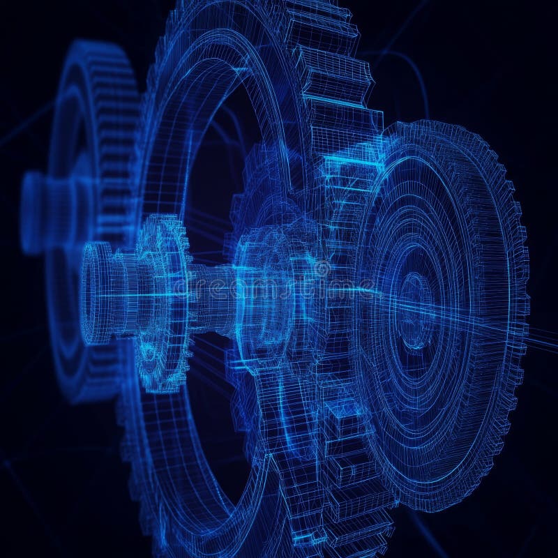 Cogs and Gear Wheel Mechanisms Wireframe in Dark Blue. Engineering or ...