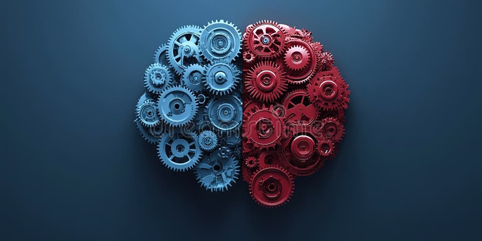 Cogs and Gears in Blue and Red Forming a Brain Shape Representing ...