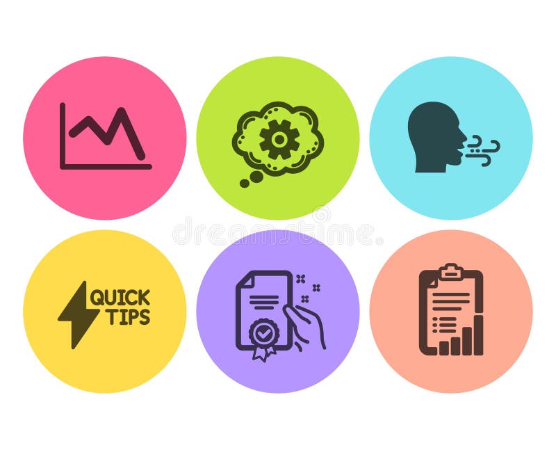 Cogwheel, Certificate and Breathing Exercise Icons Set. Line Chart ...