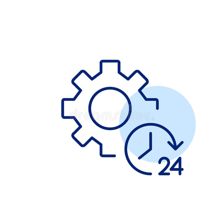 Cogwheel and 24 Hours Clock. Constant Operation, 24 7 System Updates ...