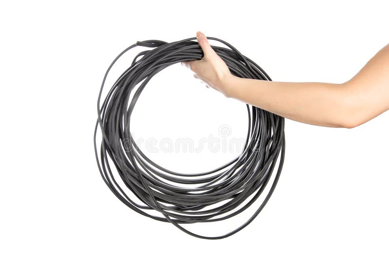 A Coil of Copper Power Cable in Black Insulation in a Hand on a White ...