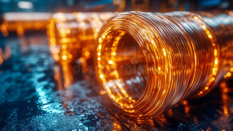 A Coil of Illuminated Orange Wire Reflects Light, Lying on a Wet ...