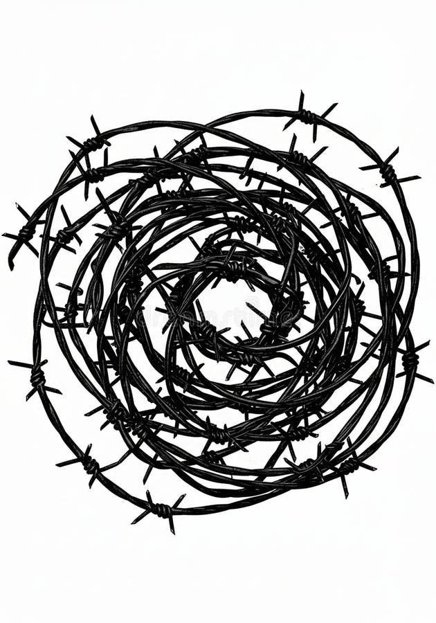 Coiled Barbed Wire Illustrated in a Circular, Tangled Arrangement. Thin ...