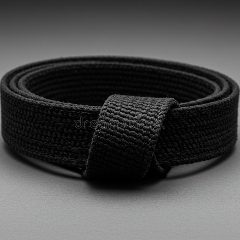 Coiled Black Belt on a Gray Surface, Likely Made of Tightly Woven ...