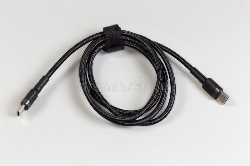 Coiled Black Cable USB Type-C on a Gray Background Stock Image - Image ...