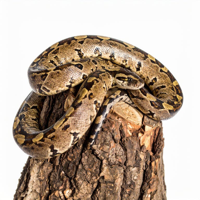 Coiled Boa Constrictor on Weathered Tree Trunk Against White Background Close Up Stock ...