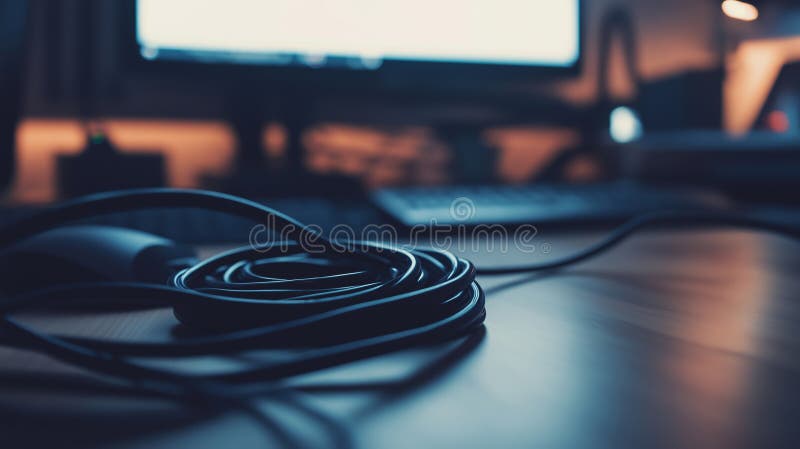 Coiled Cable on Desk with Computer in Background, Modern Workspace ...