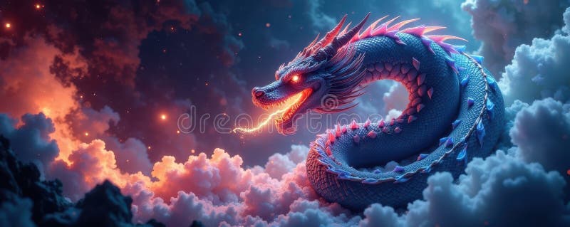 Coiled Cosmic Dragon, Fiery Icy Breath, Nebula Backdrop, Powerful, Fire ...