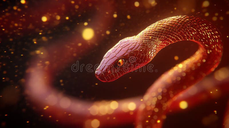 Coiled on a Deep Red Background, a Sleek Golden Snake is Surrounded by ...