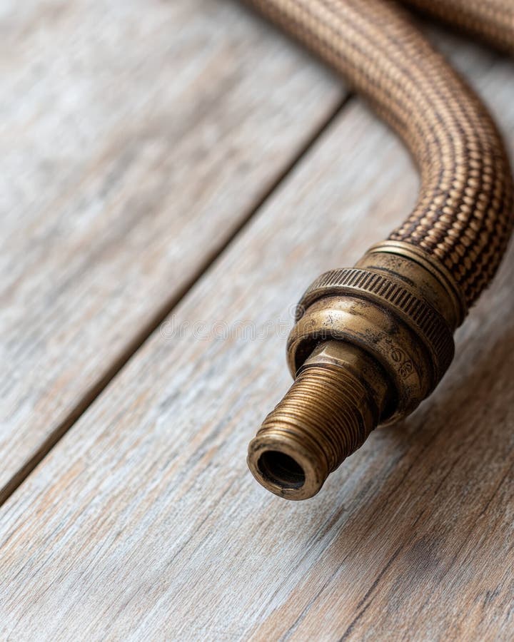 Coiled Fire Hose with Brass Coupling on Wooden Surface for Safety and ...