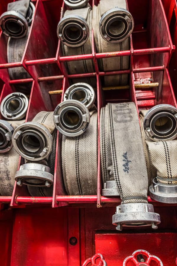 2015.05.11. Chwostek, Poland. Fire Hoses Stored in a Fire Truck Compartment, Essential ...