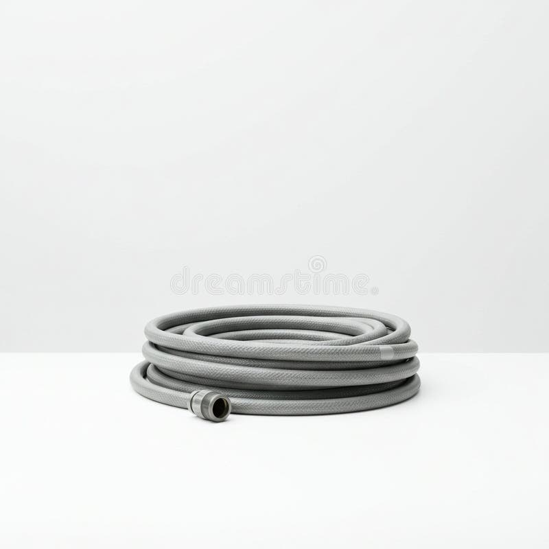 Coiled Garden Hose with a Smooth, Light Gray Surface and a Plastic ...