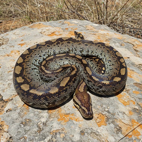 A Coiled Python Rests on a Large, Textured Rock in a Dry, Grassy Area ...
