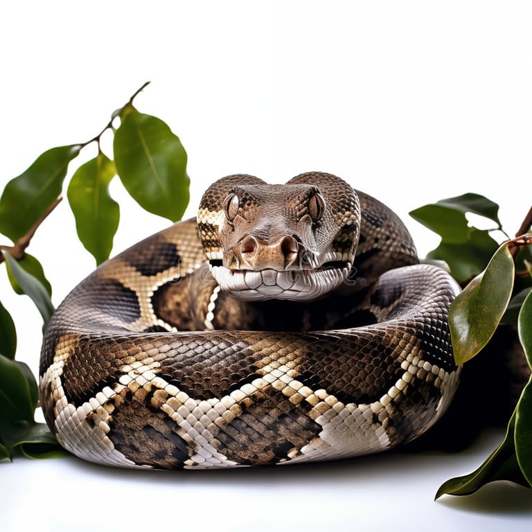 Coiled Python Snake with Green Leaves on White Background Stock ...