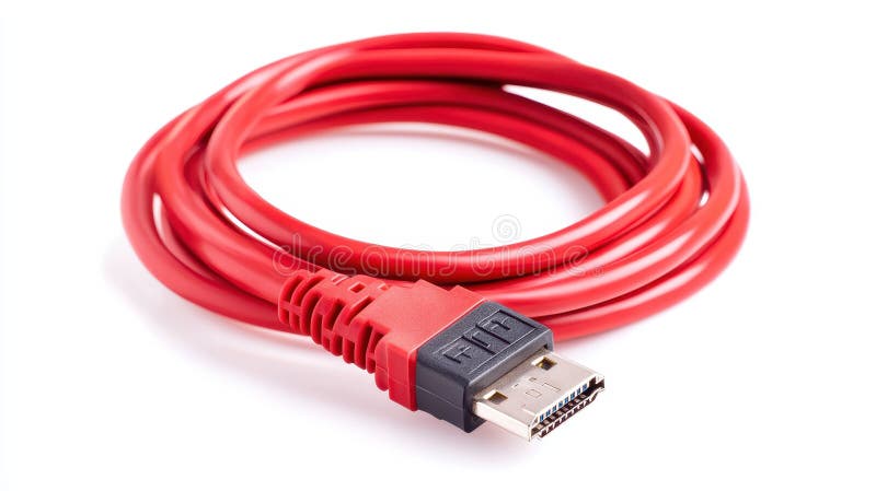 Coiled Red HDMI Cable: Close-up Tech Connectivity on White Background ...