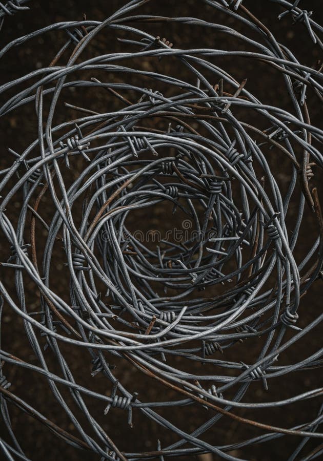 A Coiled Roll of Barbed Wire Forms a Complex Spiral Pattern. the ...