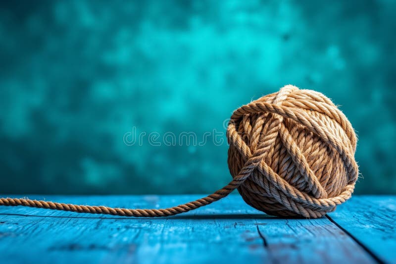 A Ball of Rope on a Blue Wooden Table Stock Image - Image of knitting ...