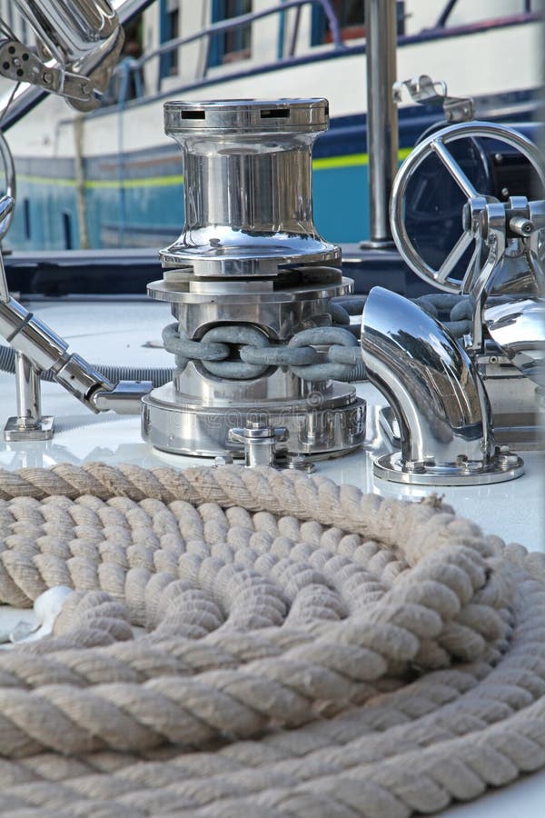 Coiled Rope and Fittings on the Deck of a Boat Stock Photo - Image of ...