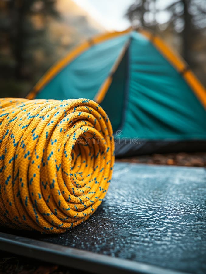 Coiled Rope in Front of a Tent in the Forest. Stock Image - Image of ...