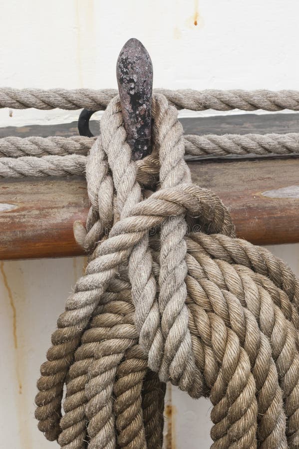 Secured Rope Rigging Lines Tied on Deck of Sailing Ship Stock Photo ...