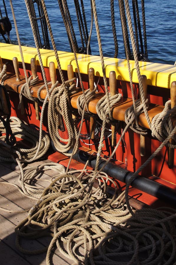 Coiled Rope Lines Stored on Belaying Pins Stock Photo - Image of ketch ...