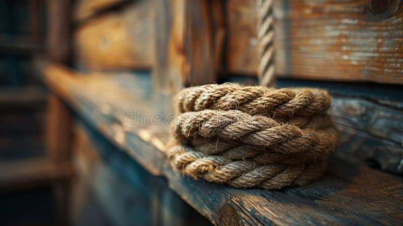 Coiled Rope on Weathered Wooden Surface, Closeup View. Stock Photo ...