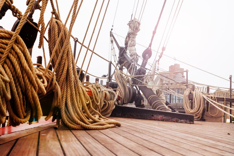 Coiled Ropes Organized on a Sunlit Ship Deck, Ready for Sailing Stock ...
