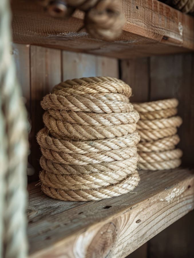 Coiled Ropes are Stacked on a Wooden Shelf in a Rustic Storage Area ...