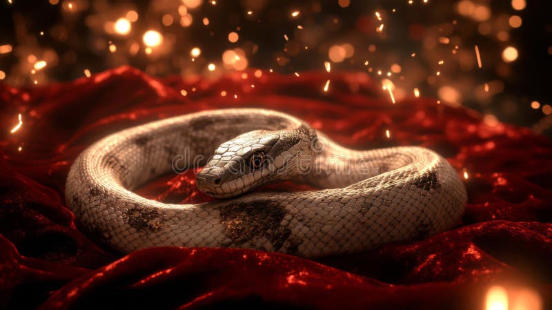 Coiled Serpent on Red Velvet Fabric with Sparks Stock Illustration ...