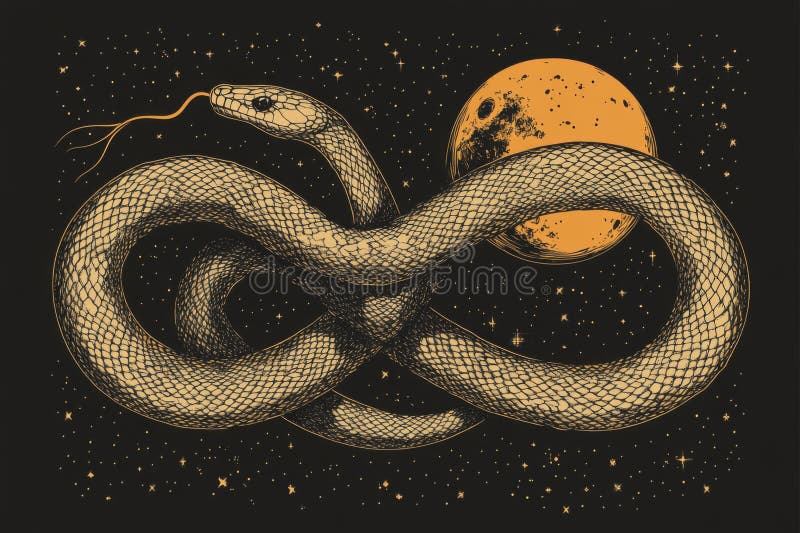 Coiled Snake Forming Infinity Symbol with Moon and Starry Sky Stock ...