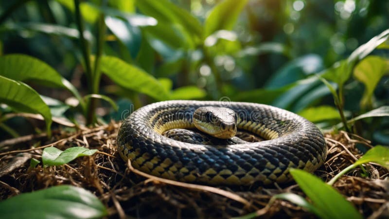 A Coiled Snake Resting on the Ground Amidst Lush Green Foliage Stock ...