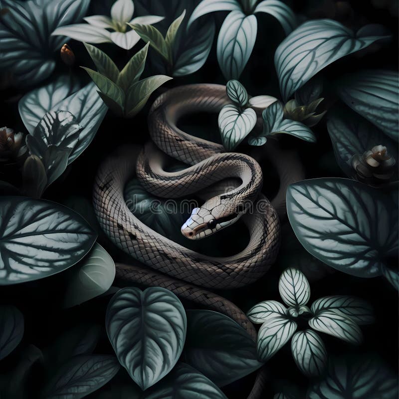 A Coiled Snake Resting among Lush Green Plants in a Shaded Tropical ...