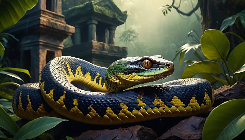 Coiled Snake Resting in Tropical Jungle with Ancient Ruins Backdrop ...