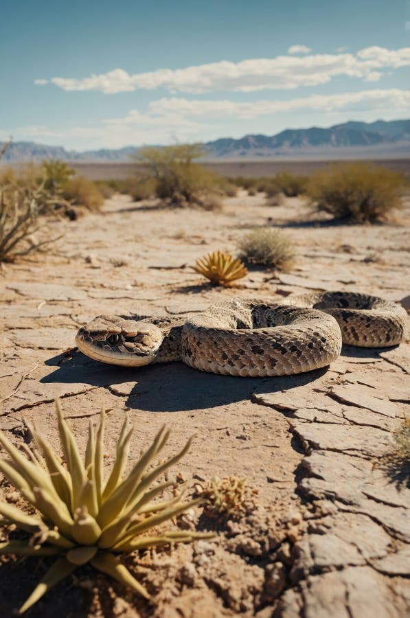 Desert Rattlesnake Coiled on Arid Ground, Basking in Sunlight Stock ...