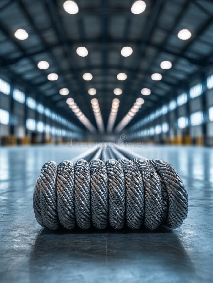 Coiled Steel Cable in a Vast, Empty Warehouse. Stock Image - Image of ...