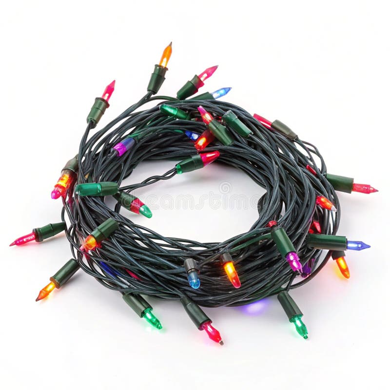 Coiled Strand of Christmas Lights Isolated on White Background Stock ...
