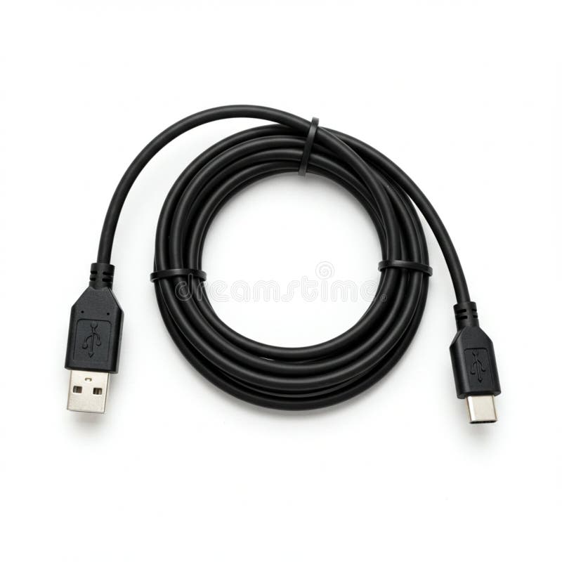 A Coiled USB Type-C Cable Features Black Connectors and a Flexible ...